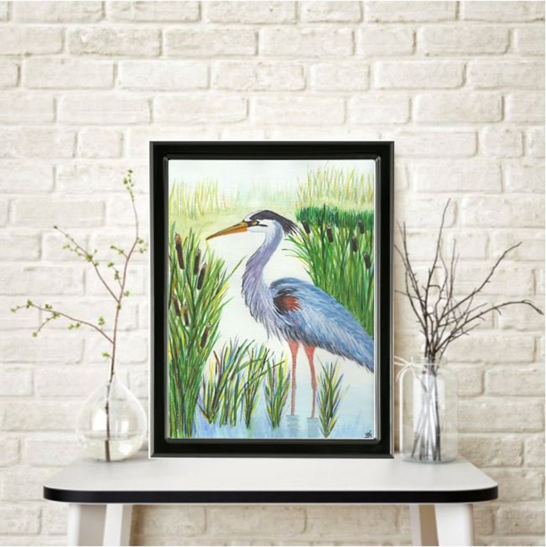 Blue Heron in Cattails ORIGINAL Watercolor Painting Home Nursery Decor ...