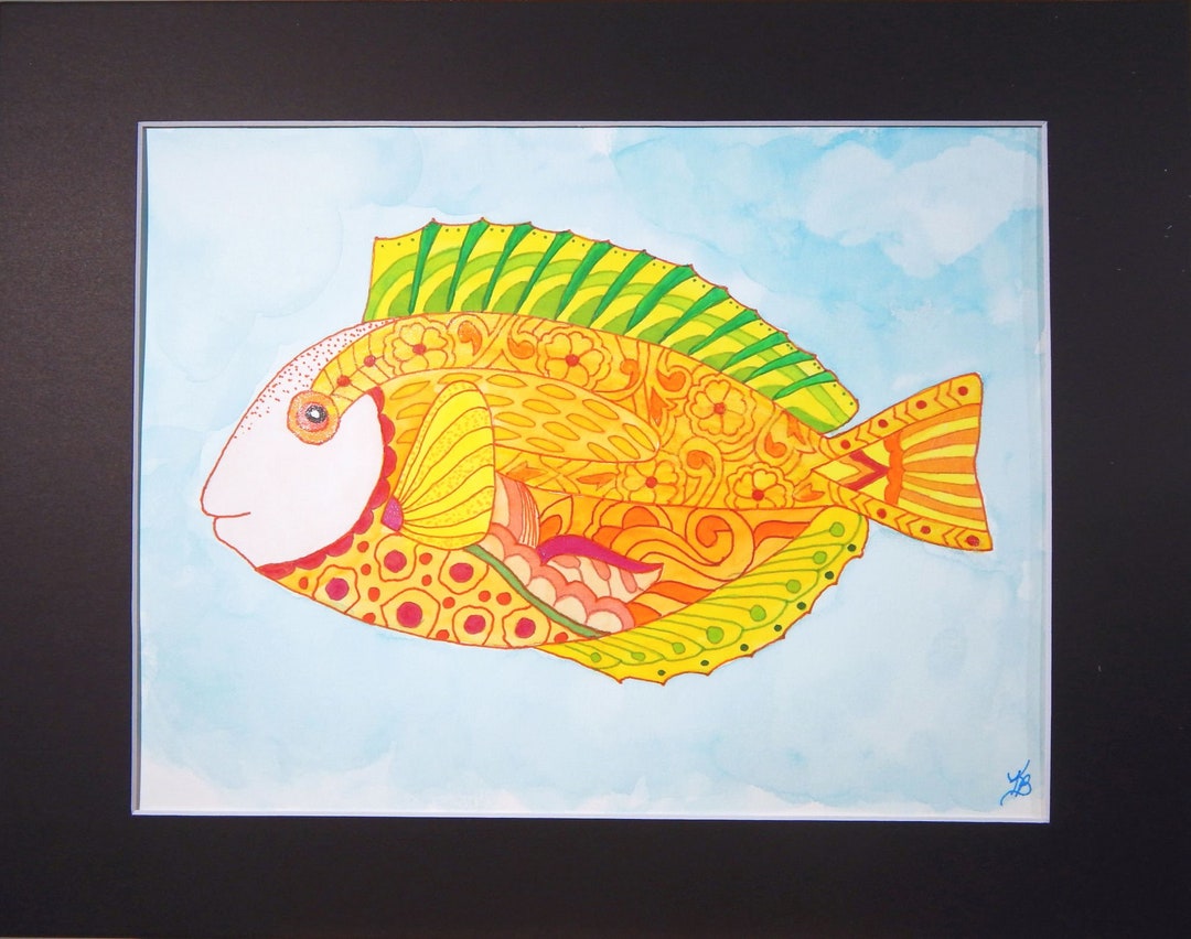 Orange Tropical Fish Mandala Watercolor Painting, Matted Modern Wall ...