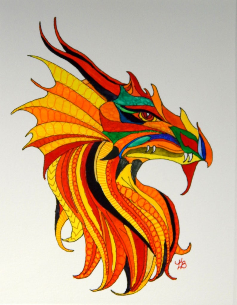 Mythical Fire Dragon Original Watercolor Painting Yellow - Etsy