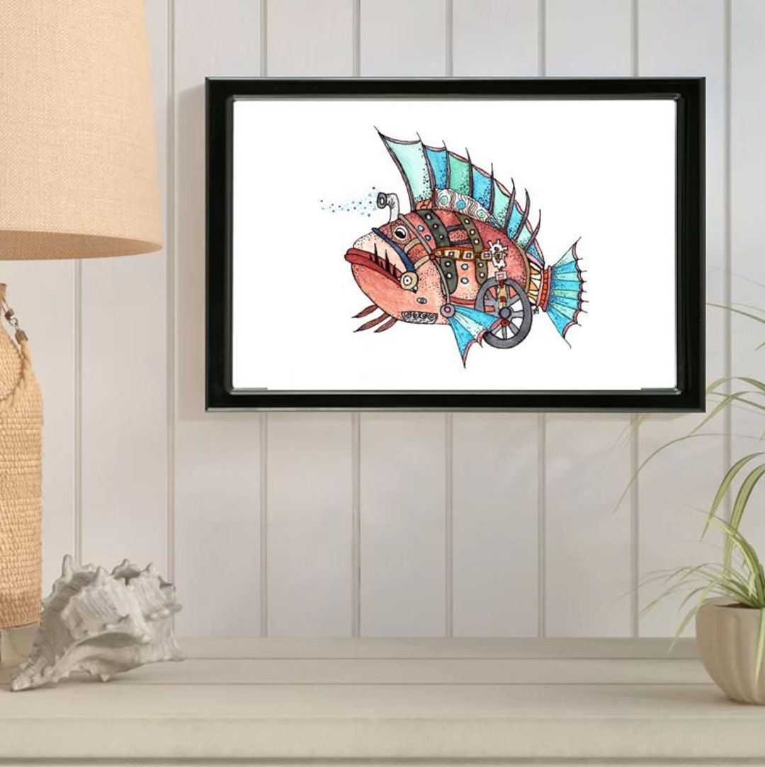 Mechanicall STEAMPUNK FISH #2 Watercolor Painting Home Office Wall Art ...