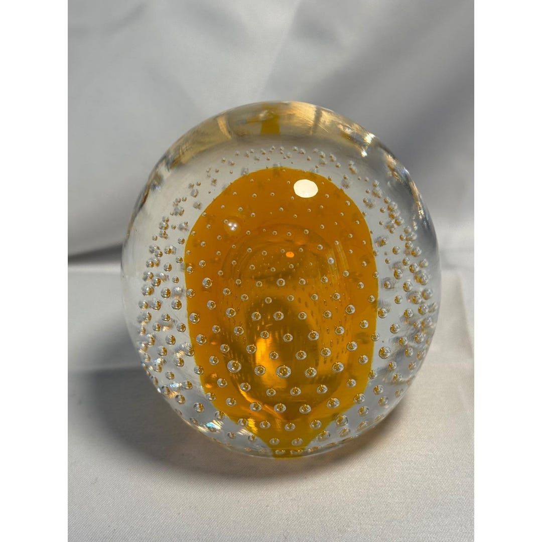 Vintage Art Glass Paperweight | Amber Controlled Bubble Orb Sculpture ...