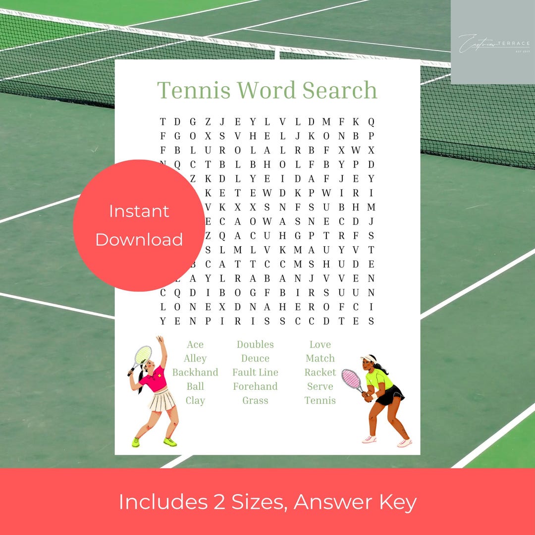 Tennis Word Search Activity Page, Printable PDF, Kids Birthday Party ...