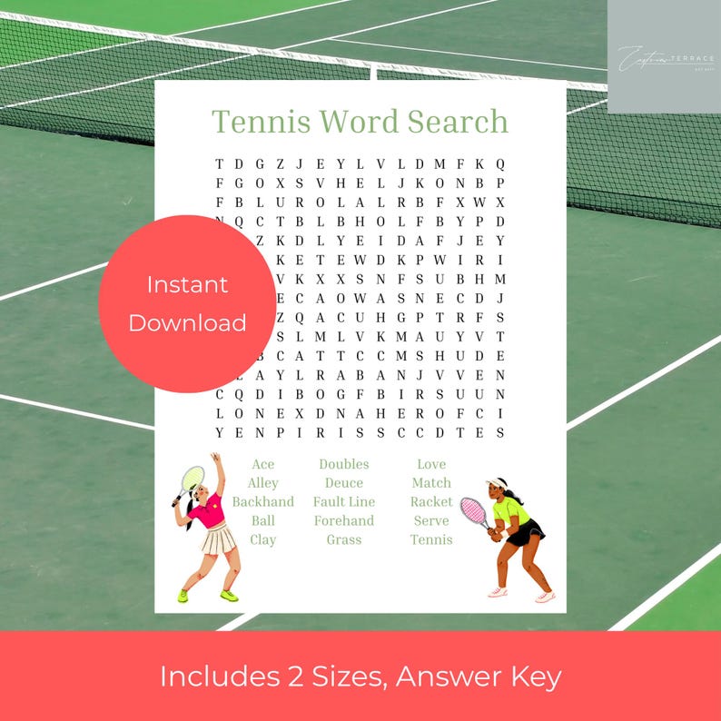 Tennis Word Search Activity Page, Printable PDF, Kids Birthday Party ...