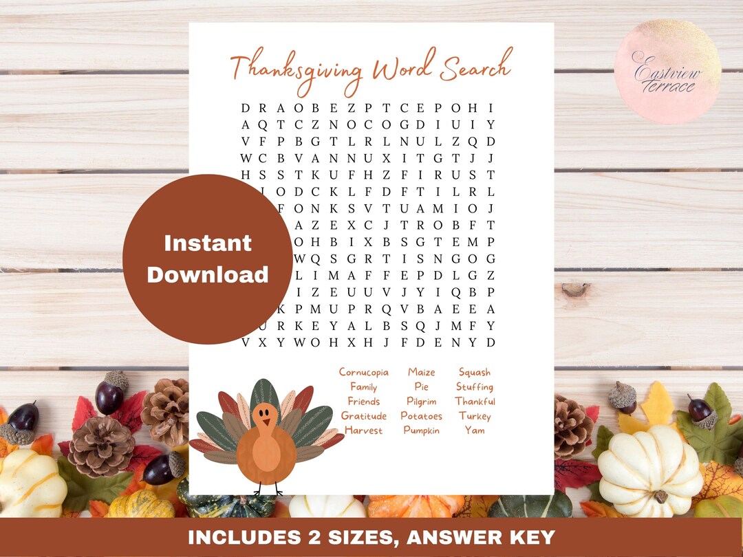 Thanksgiving Word Search Printable, Kids Activity Page, Holiday ...