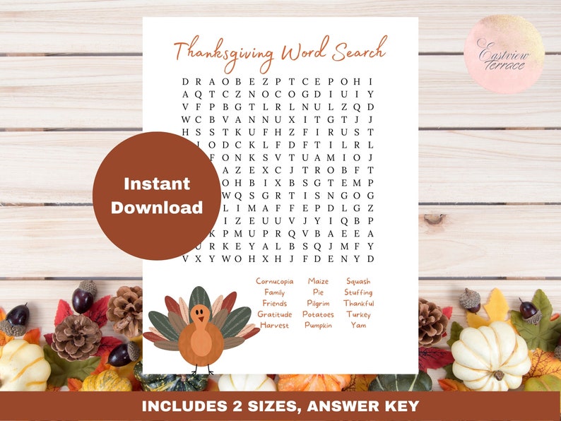 Thanksgiving Word Search Printable, Kids Activity Page, Holiday ...