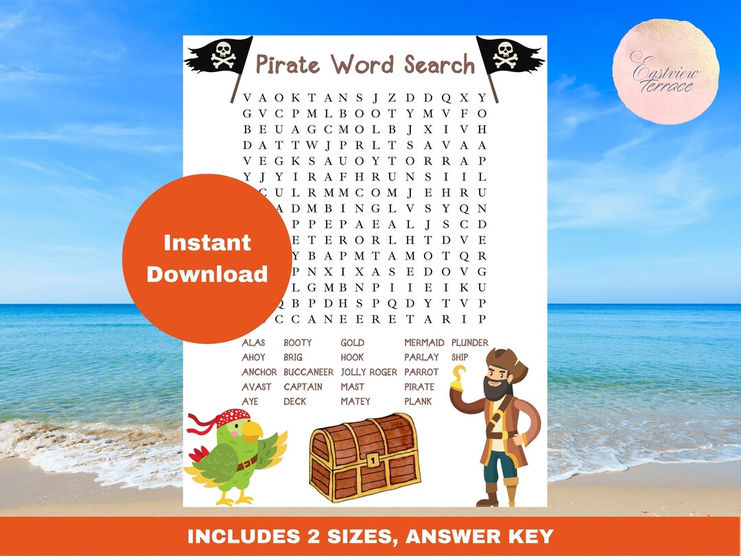 Pirate Word Search Printable, Kids Activity Page, Party Favor, Party ...