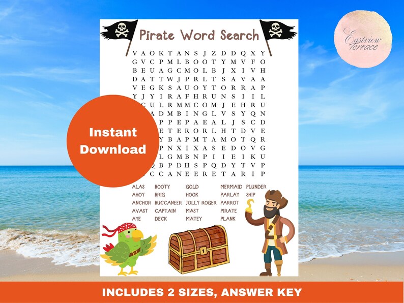 Pirate Word Search Printable, Kids Activity Page, Party Favor, Party ...