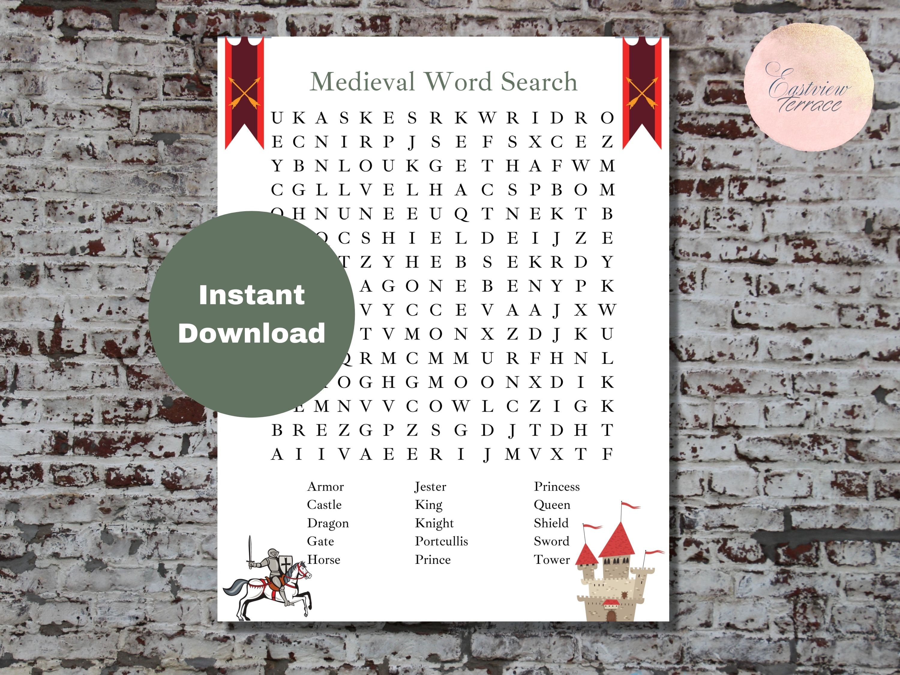 Medieval Word Search Printable, Kids Activity Page, Party Favor, Party ...