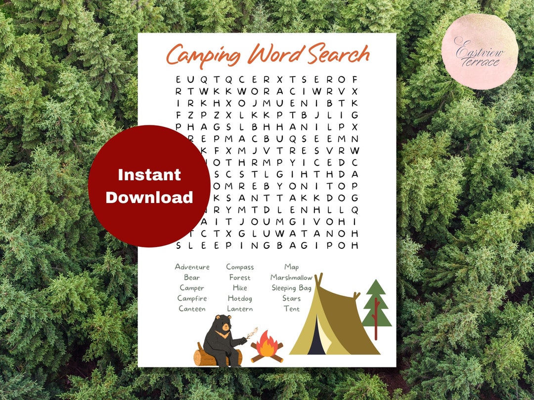 Camping Word Search Printable, Kids Activity Page, Party Favor, Party ...