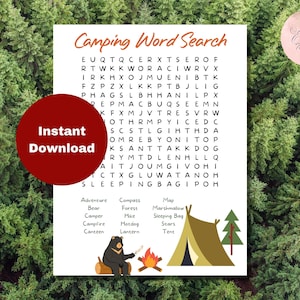 Camping Word Search Printable, Kids Activity Page, Party Favor, Party ...