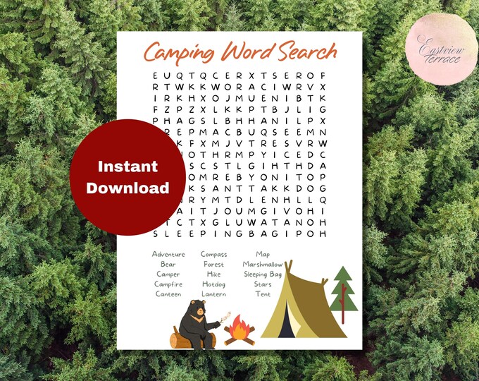 Camping Word Search Printable, Kids Activity Page, Party Favor, Party ...