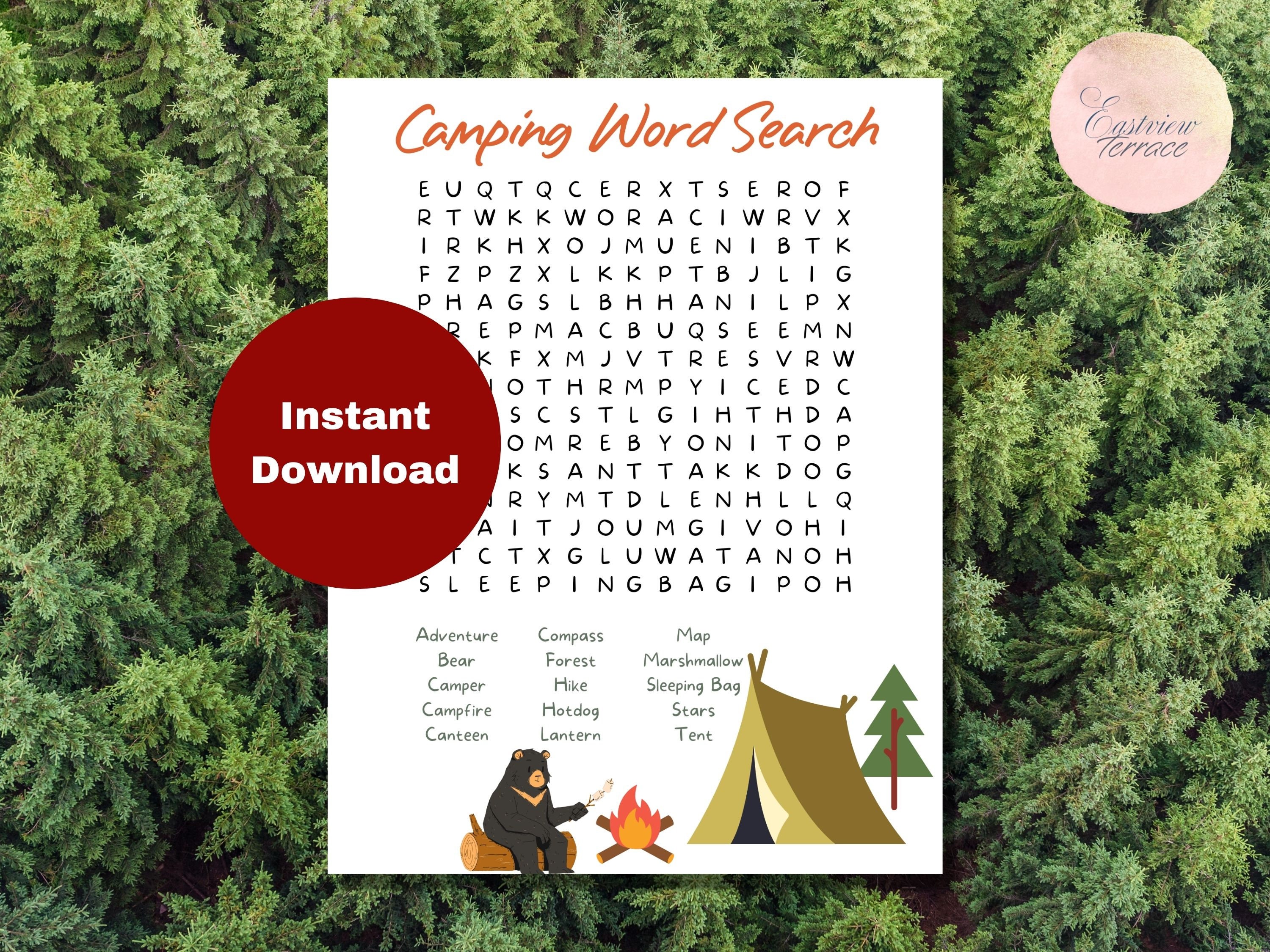 Camping Word Search Printable, Kids Activity Page, Party Favor, Party ...