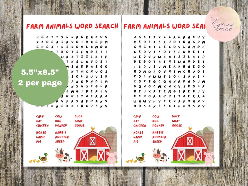 Farm Animals Word Search Printable, Kids Activity Page, Party Favor ...