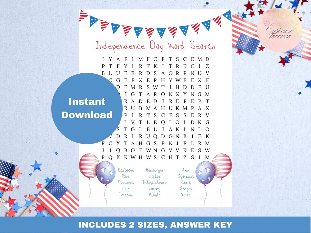 Independence Day Word Search Printable, Kids Activity Page, Party Favor ...