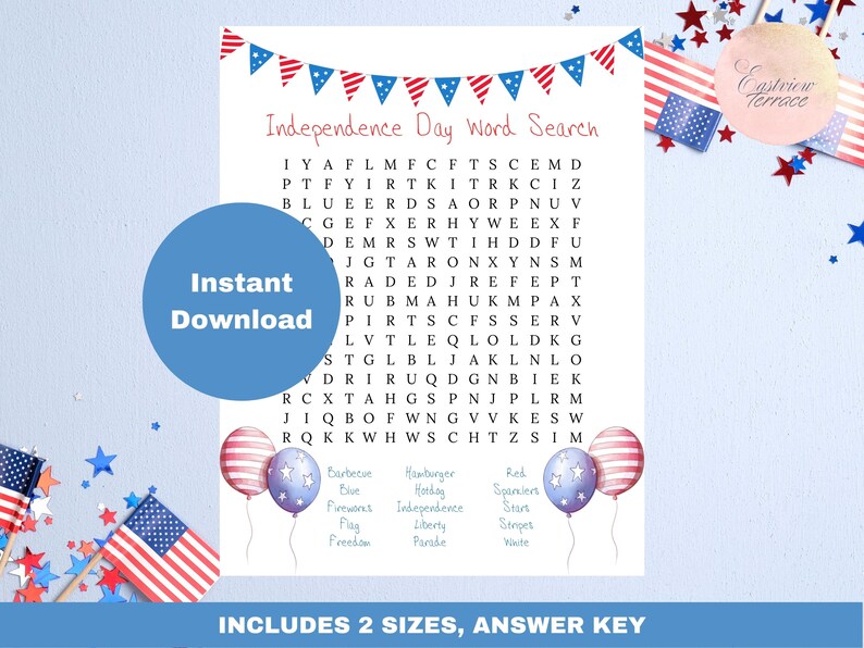 Independence Day Word Search Printable, Kids Activity Page, Party Favor ...