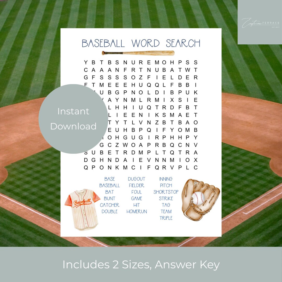 Baseball Word Search Activity Page, Printable PDF, Kids Birthday Party ...