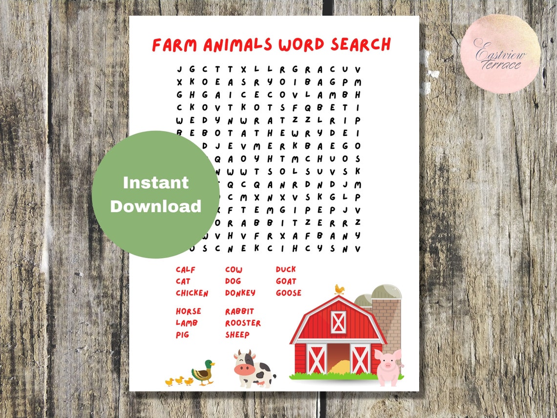 Farm Animals Word Search Printable, Kids Activity Page, Party Favor ...