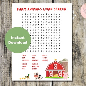 Farm Animals Word Search Printable, Kids Activity Page, Party Favor ...