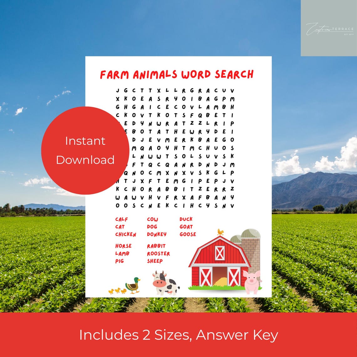Farm Animals Word Search Printable, Kids Activity Page, Party Favor ...