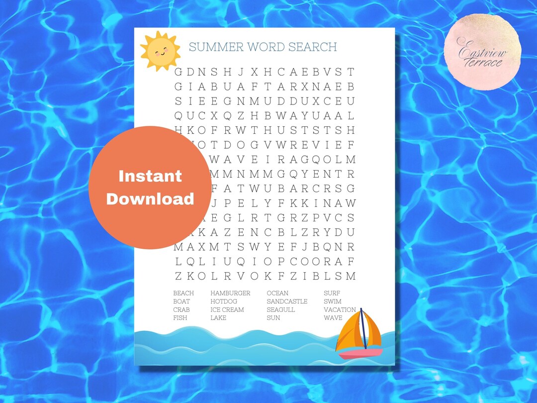 Summer Word Search Printable, Kids Activity Page, Party Favor, Party ...