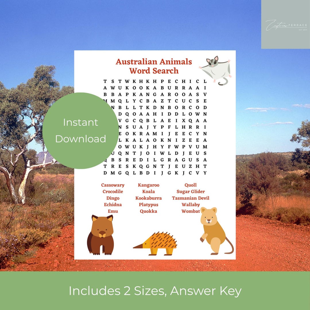 Australian Animals Word Search Printable, Kids Activity Page, Party ...