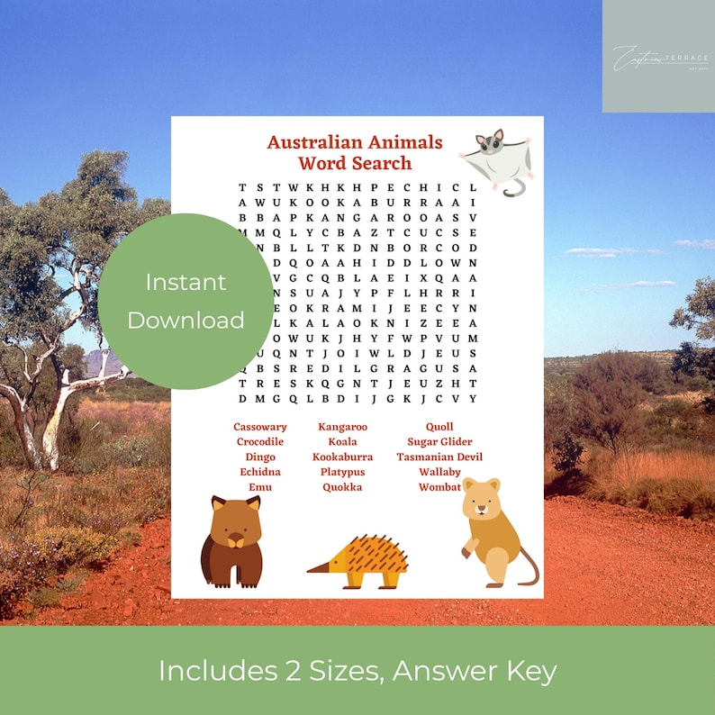 Australian Animals Word Search Printable, Kids Activity Page, Party ...