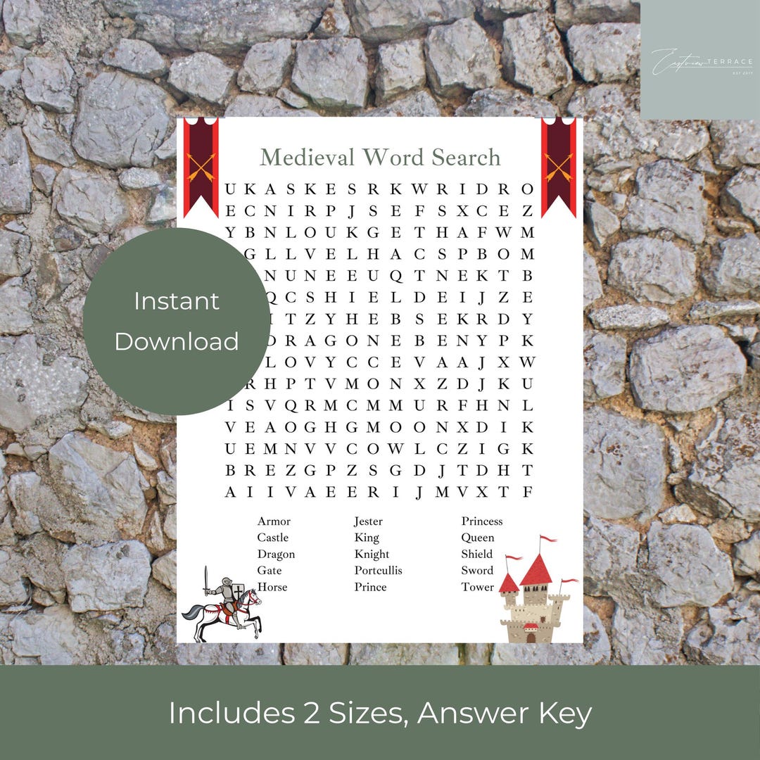 Medieval Word Search Printable, Kids Activity Page, Party Favor, Party ...