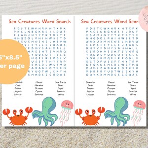 Sea Creatures Word Search Printable, Kids Activity Page, Party Favor ...