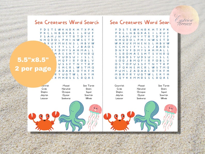 Sea Creatures Word Search Printable, Kids Activity Page, Party Favor ...