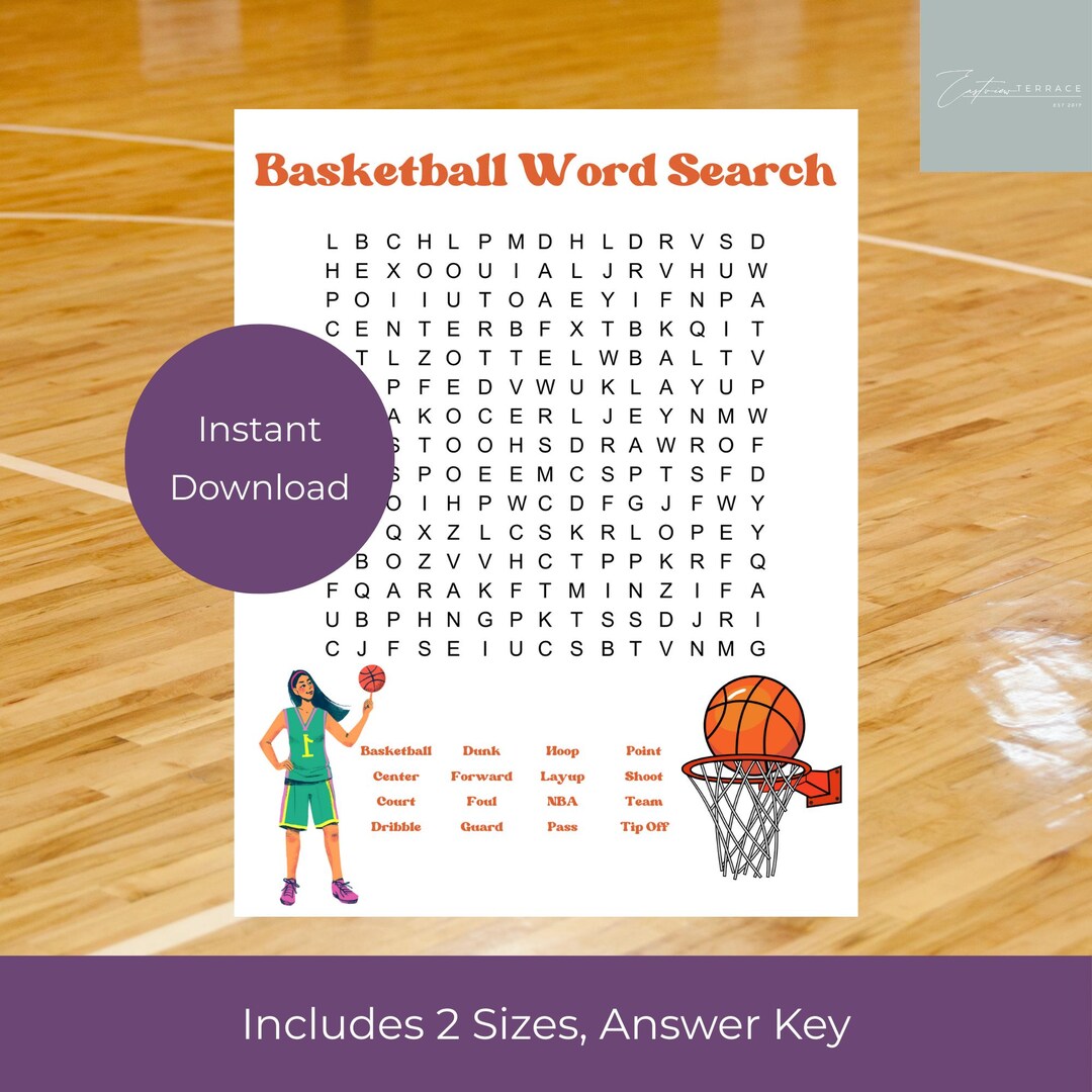 Basketball Word Search Activity Page, Printable PDF, Kids Birthday ...