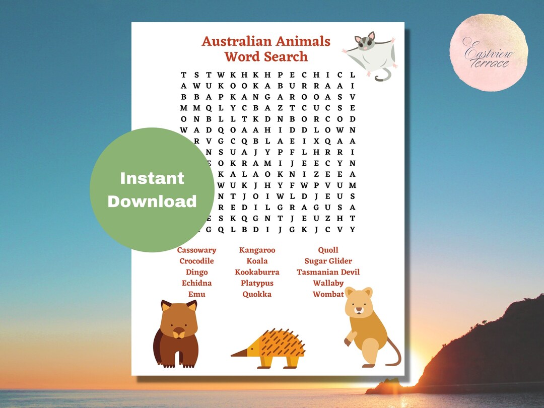 Australian Animals Word Search Printable, Kids Activity Page, Party ...