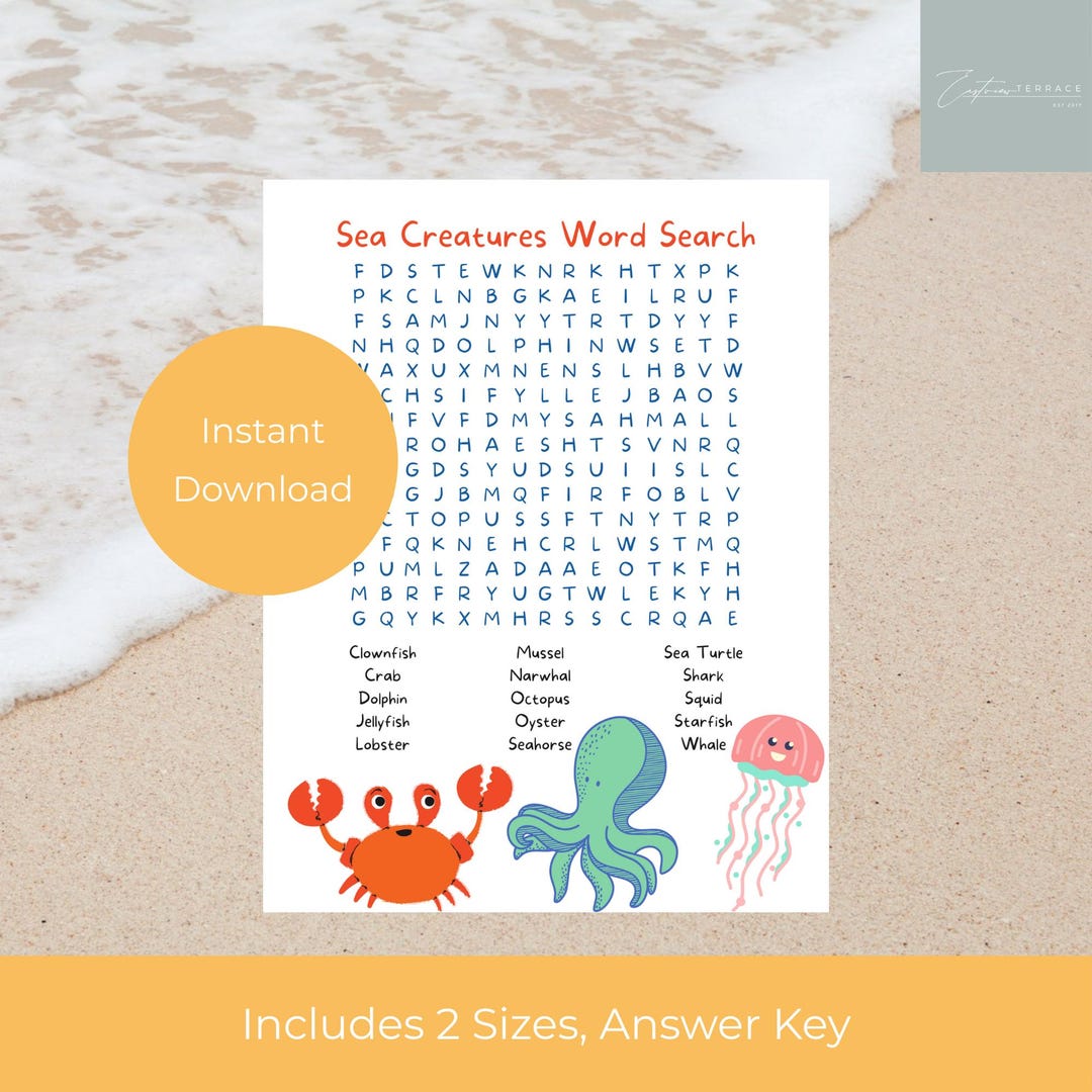 Sea Creatures Word Search Printable, Kids Activity Page, Party Favor ...
