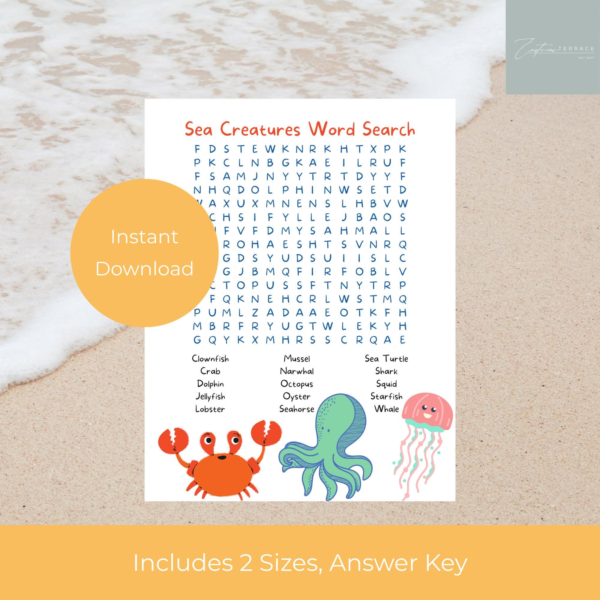 Sea Creatures Word Search Printable, Kids Activity Page, Party Favor ...
