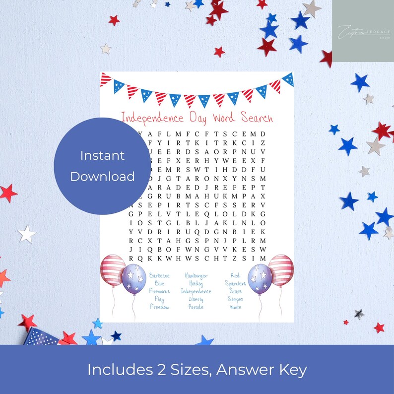 Independence Day Word Search Printable, Kids Activity Page, Party Favor ...