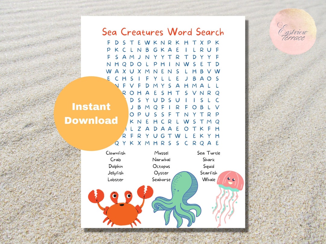 Sea Creatures Word Search Printable, Kids Activity Page, Party Favor ...