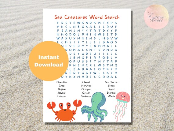 Sea Creatures Word Search Printable Kids Activity Page Party - Etsy