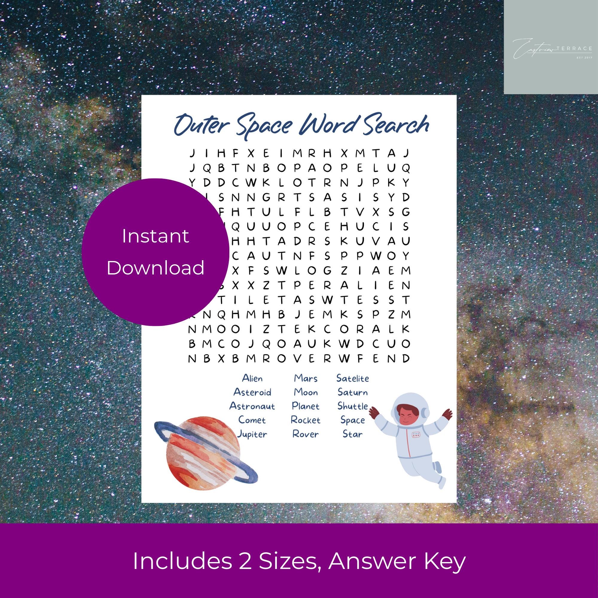 Outer Space Word Search Printable, Kids Activity, Party Favor Game ...