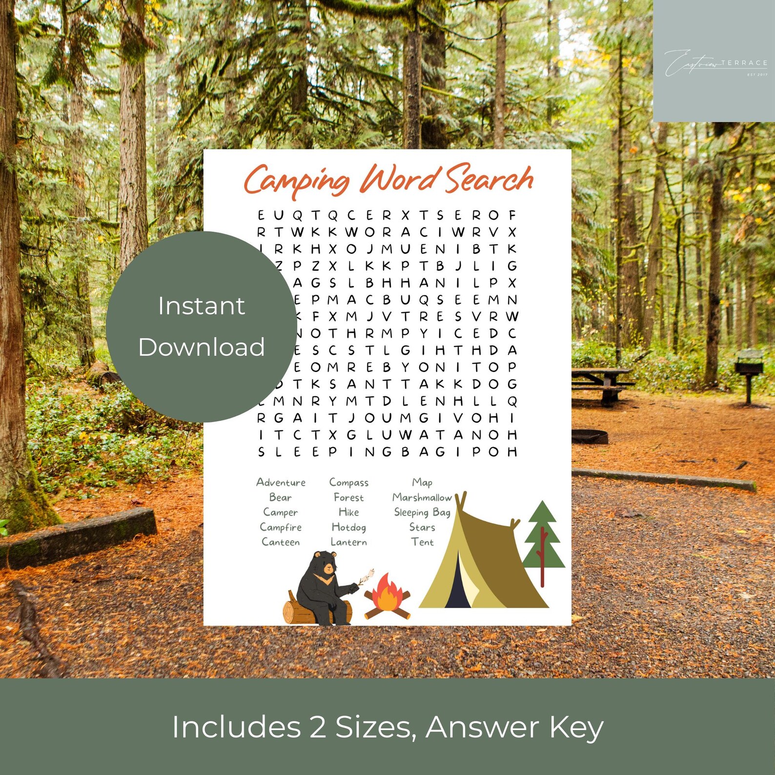 Camping Word Search Printable, Kids Activity Page, Party Favor, Party ...
