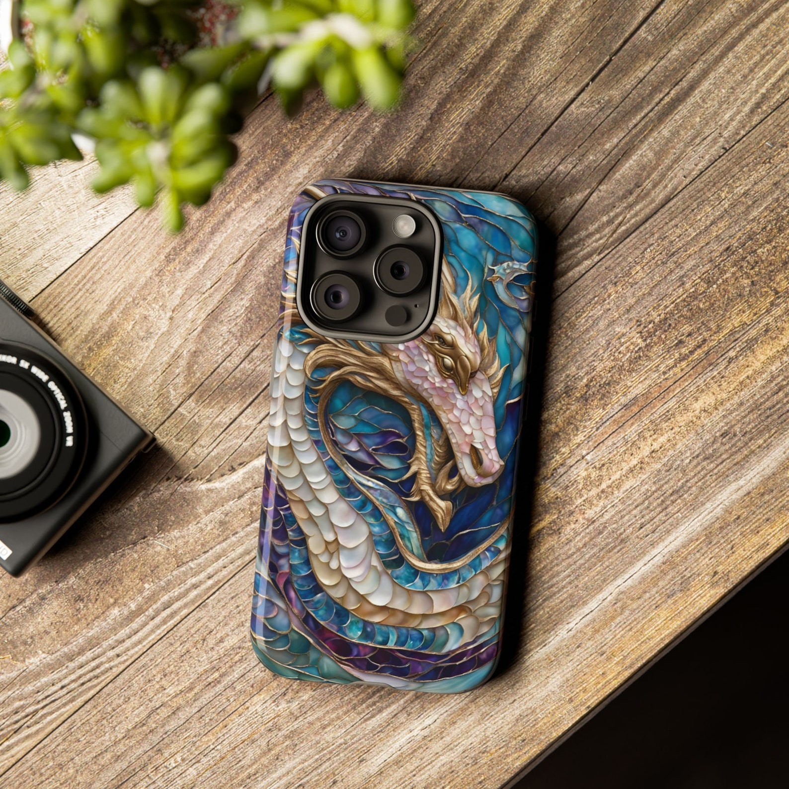 Dragon Mosaic Stained Glass Effect Phone Case, Gold and Teal Printed ...