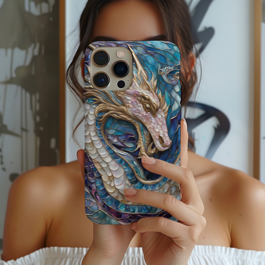 Dragon Mosaic Stained Glass Effect Phone Case, Gold and Teal Printed ...