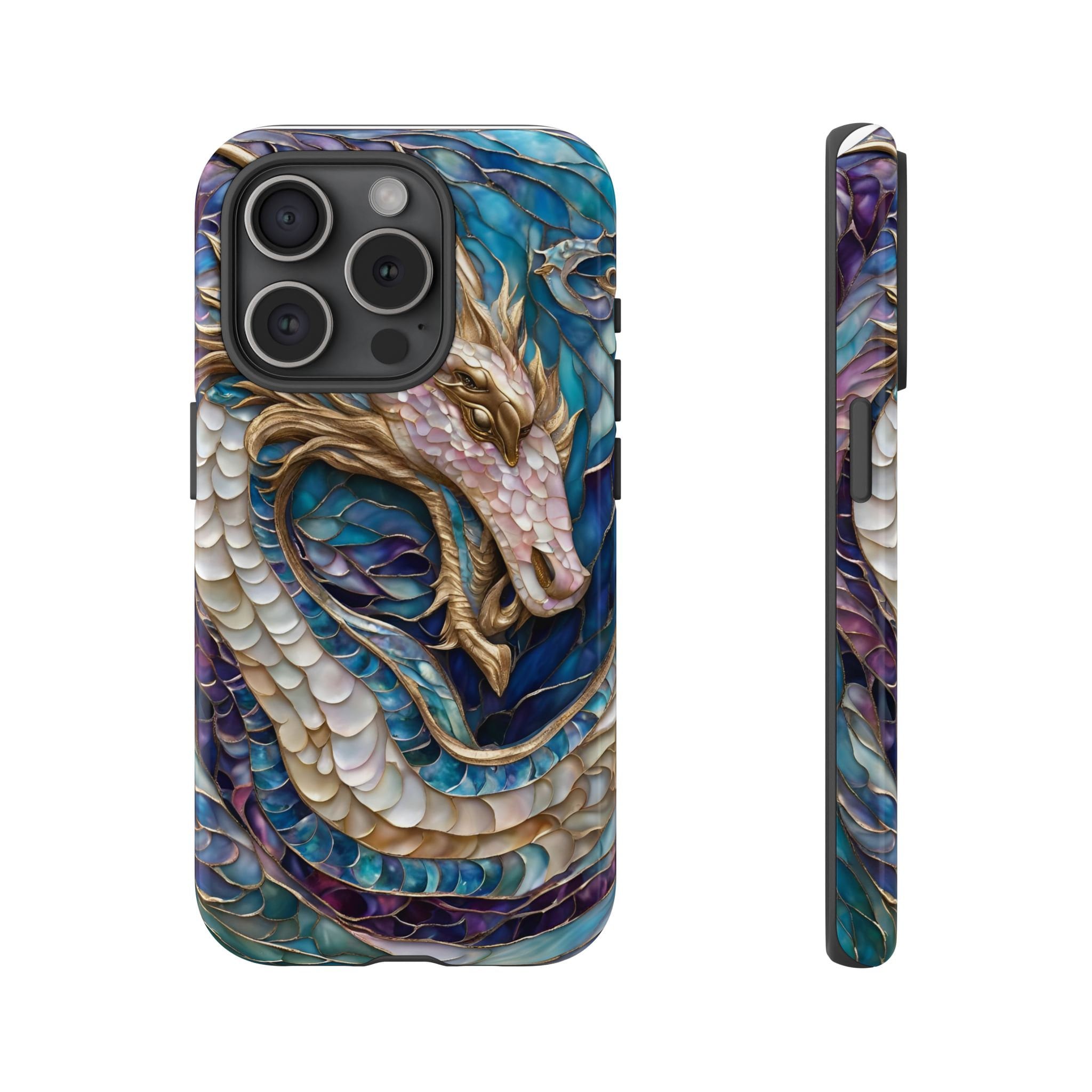 Dragon Mosaic Stained Glass Effect Phone Case, Gold and Teal Printed ...