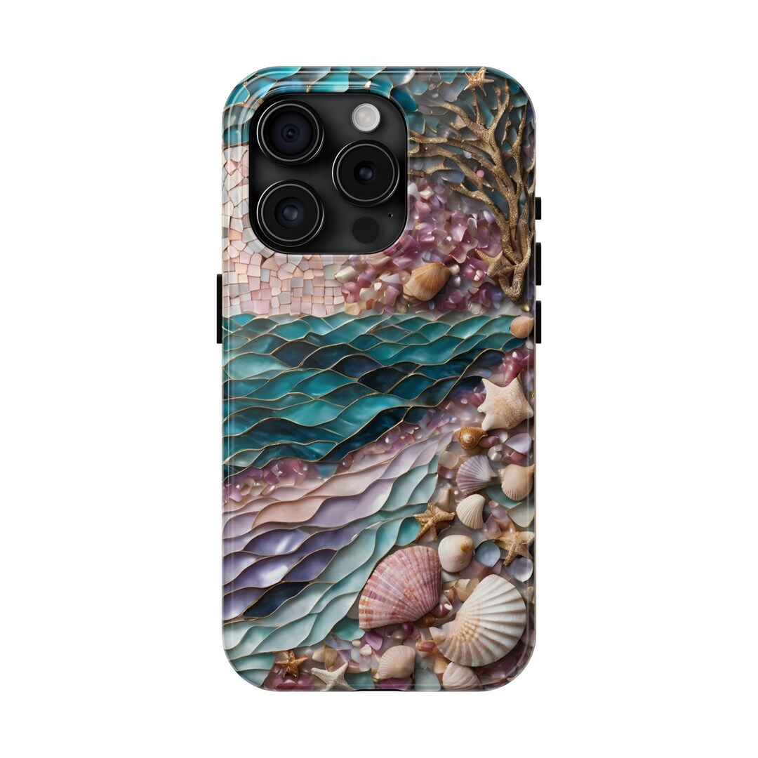 Seashells Mosaic Stained Glass Effect Phone Case, Pink Gold Teal Beach ...