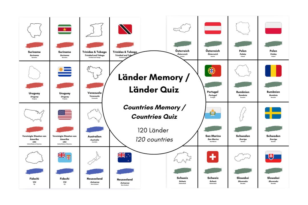 120 Flags + Country Outline Flashcards PDF Template for Printing and ...
