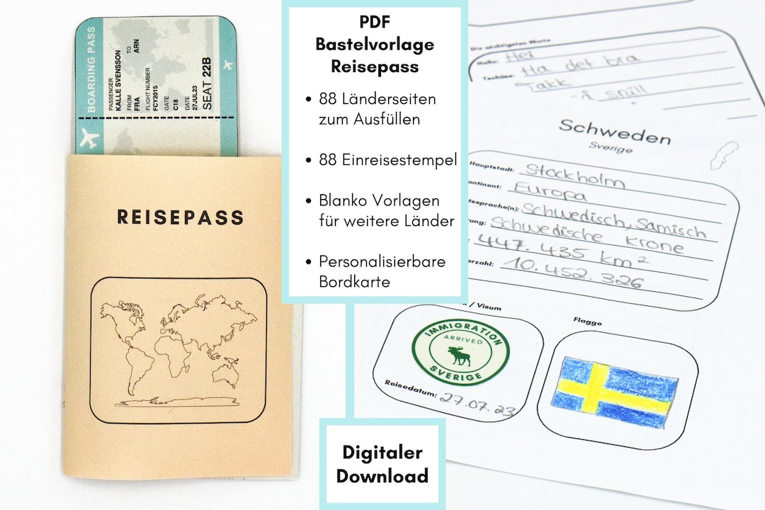PDF Bastelvorlage Reisepass Mit 88 Ländern, Einreisestempeln ...