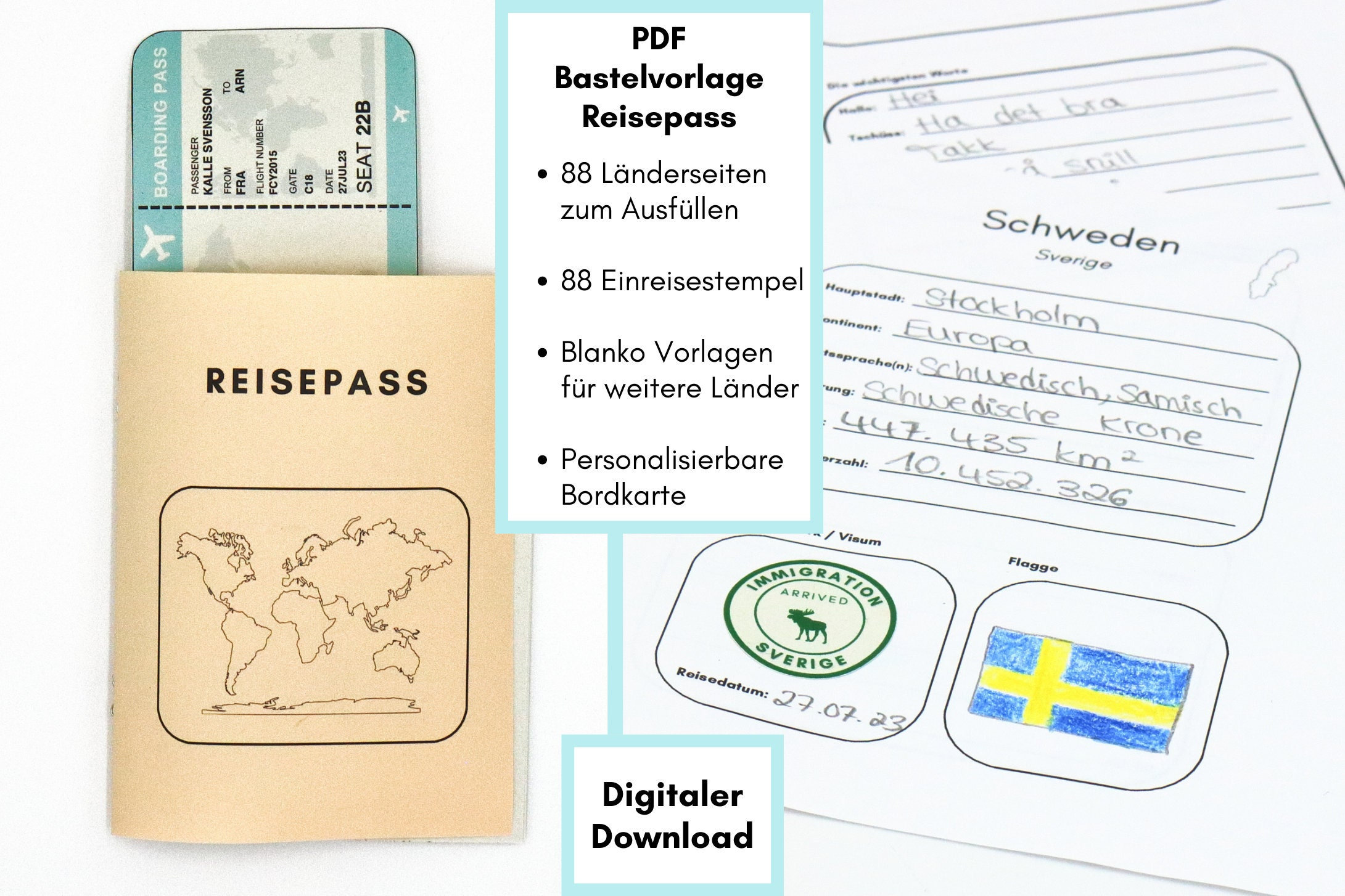 PDF Bastelvorlage Reisepass mit 88 Ländern, Einreisestempeln ...