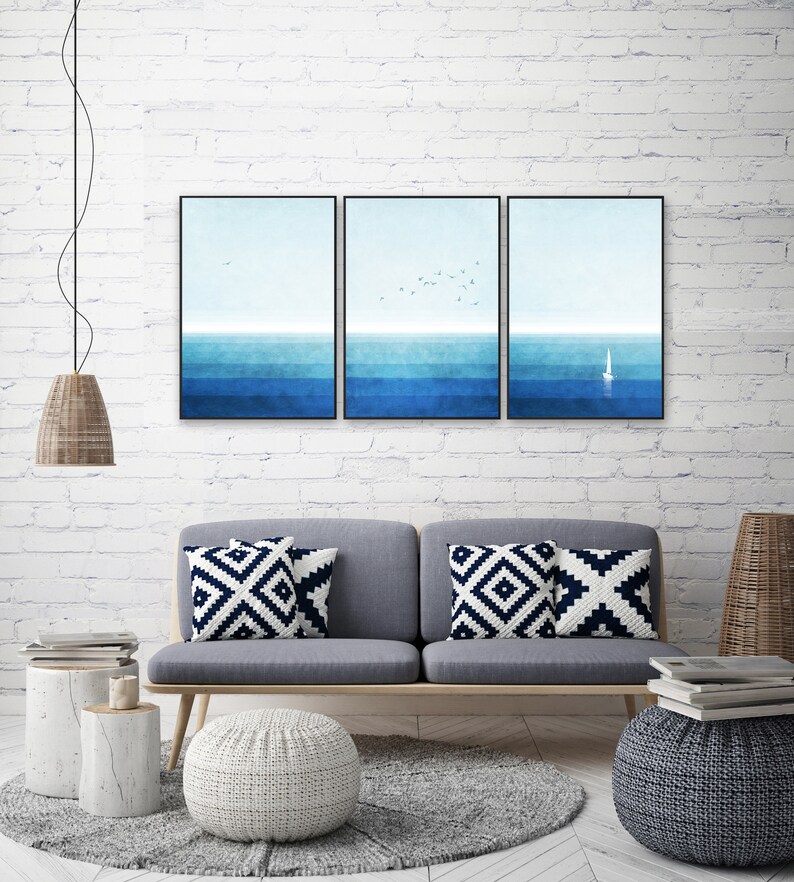 Set of 3 Watercolor Ocean Prints, Blue Wall Art, Modern Landscape ...