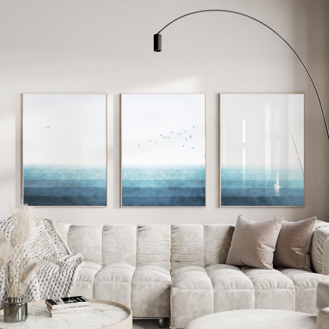Set of 3 blue ocean prints, sailboat seagull sea wall art, high quality ...