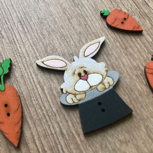 Bunny in Top Hat, Easter Craft Buttons, Wooden Bunny and Carrots, Set ...