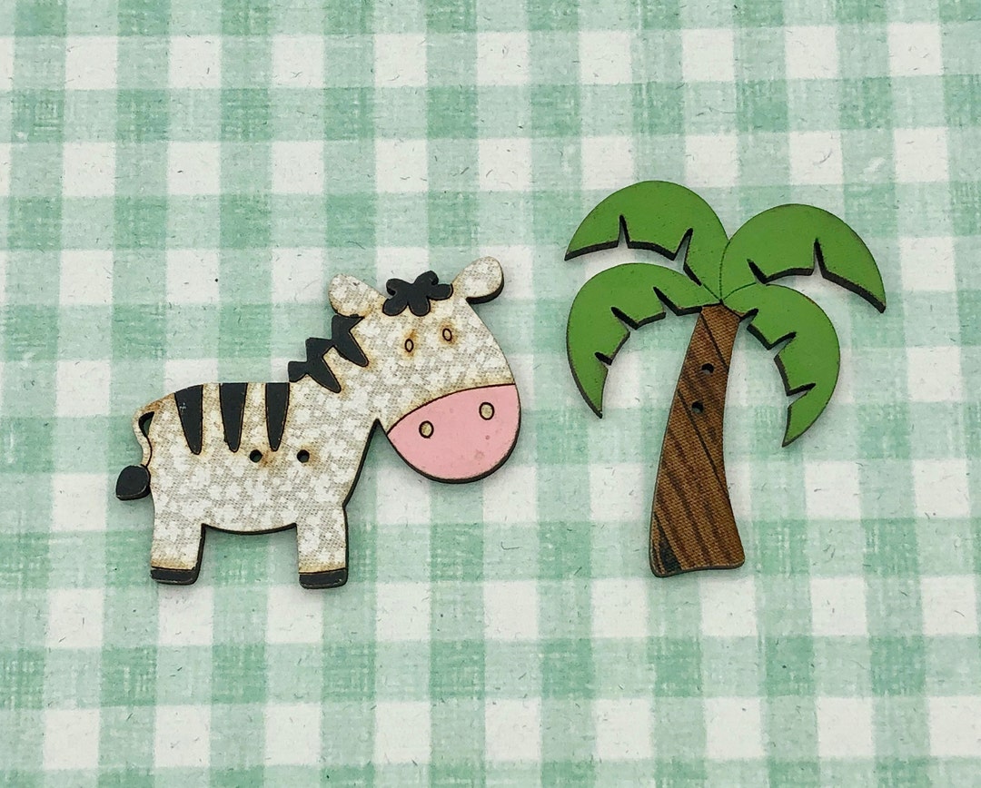 Jungle Safari Large Wood Buttons, Zebra and Palm Tree Flat Decorative ...
