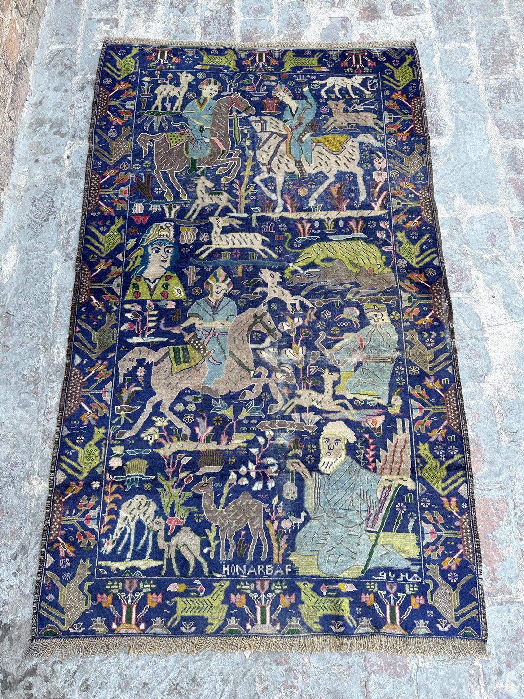 FREE SHIPPING, 3'8 X 6'1 Ft, Stunning Vintage Afghan Pictorial Horse ...
